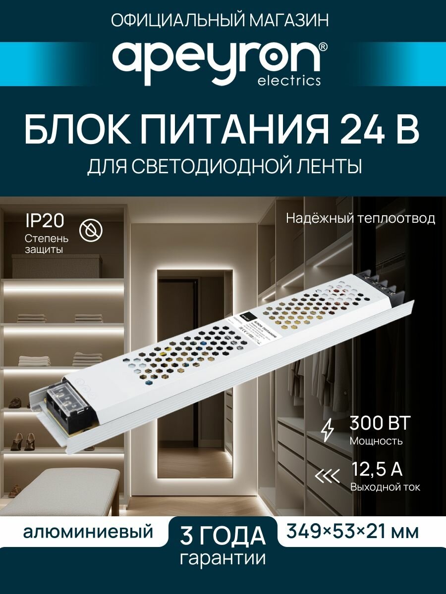 Блок питания 24В, 300Вт, IP20, 12.5А