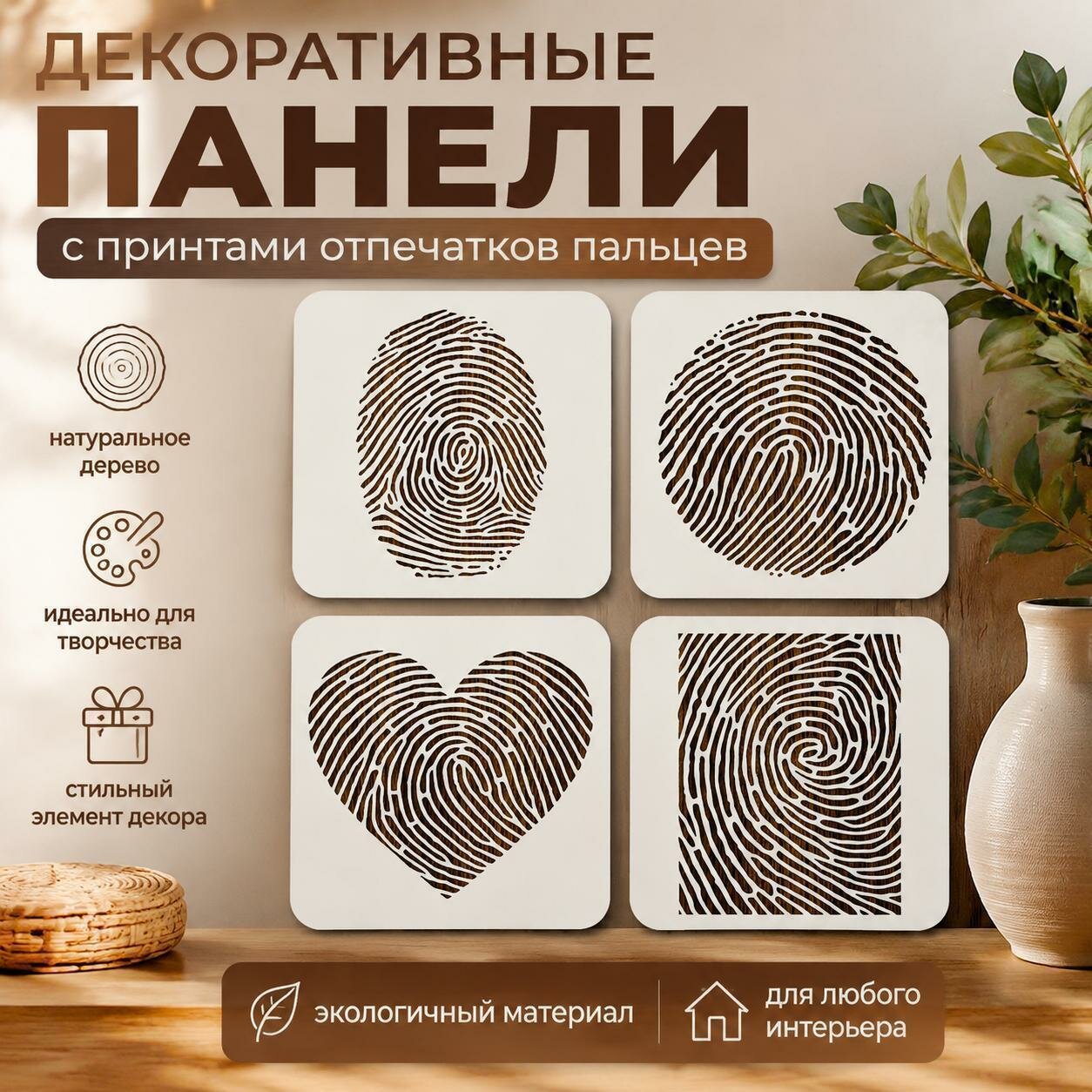 Набор декоративных панелей с отпечатками пальцев 4 шт, деревянные настенные арт панели, DIY декор, сердечко и отпечаток пальца, минимализм
