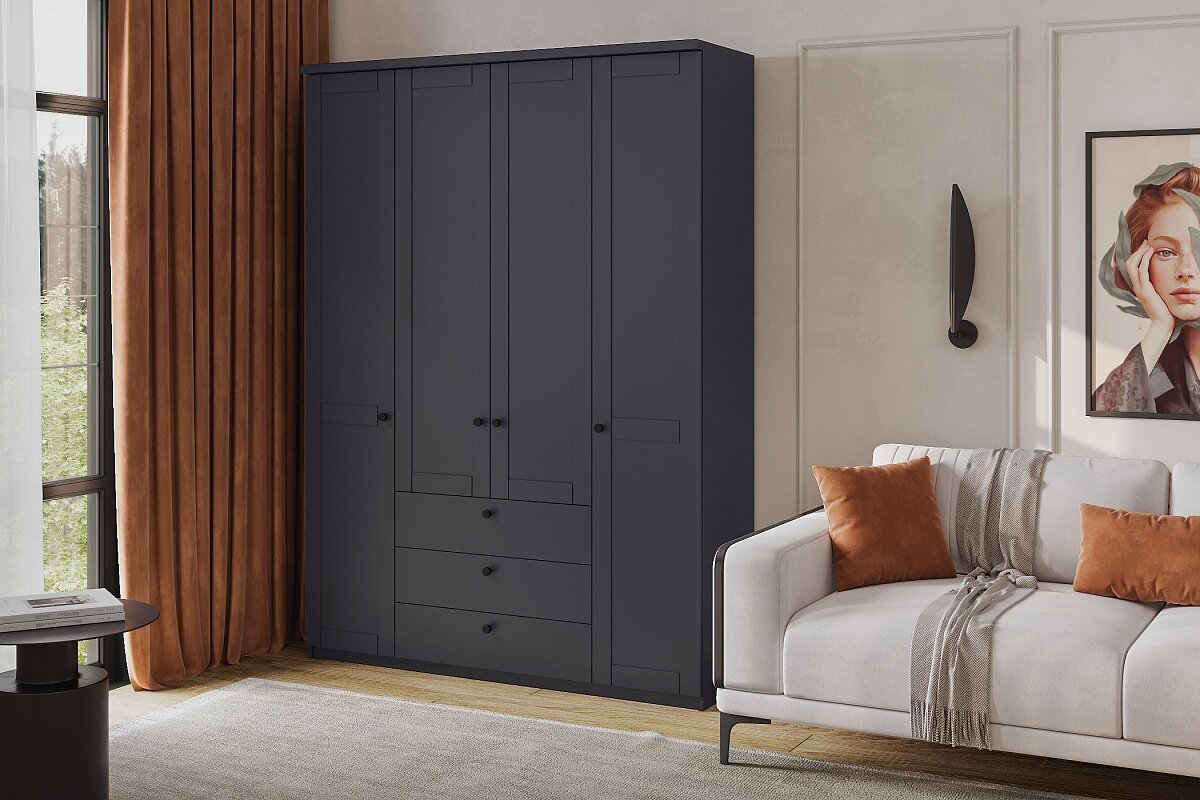 Шкаф распашной МебельЛэнд24 София РАХ - 16 МДФ Графит 160x50x220 серый для одежды четырехдверный с 3 ящиками