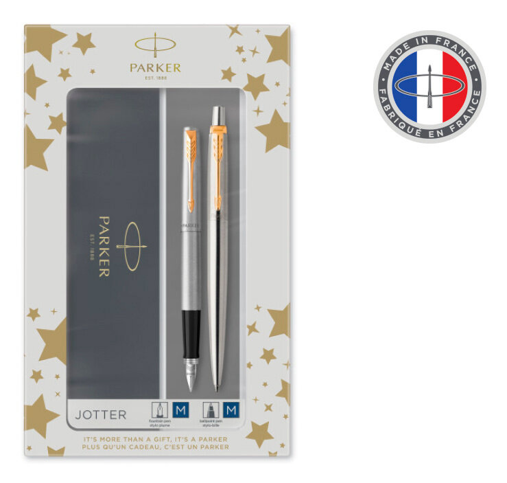 Набор ручек Parker Jotter Core FK691 (CW2093257) Stainless Steel GT сталь нержавеющая подар. кор. ручка перьевая, ручка шариковая сменный стержень 1стерж. стреловидный пиш. наконечник кругл.