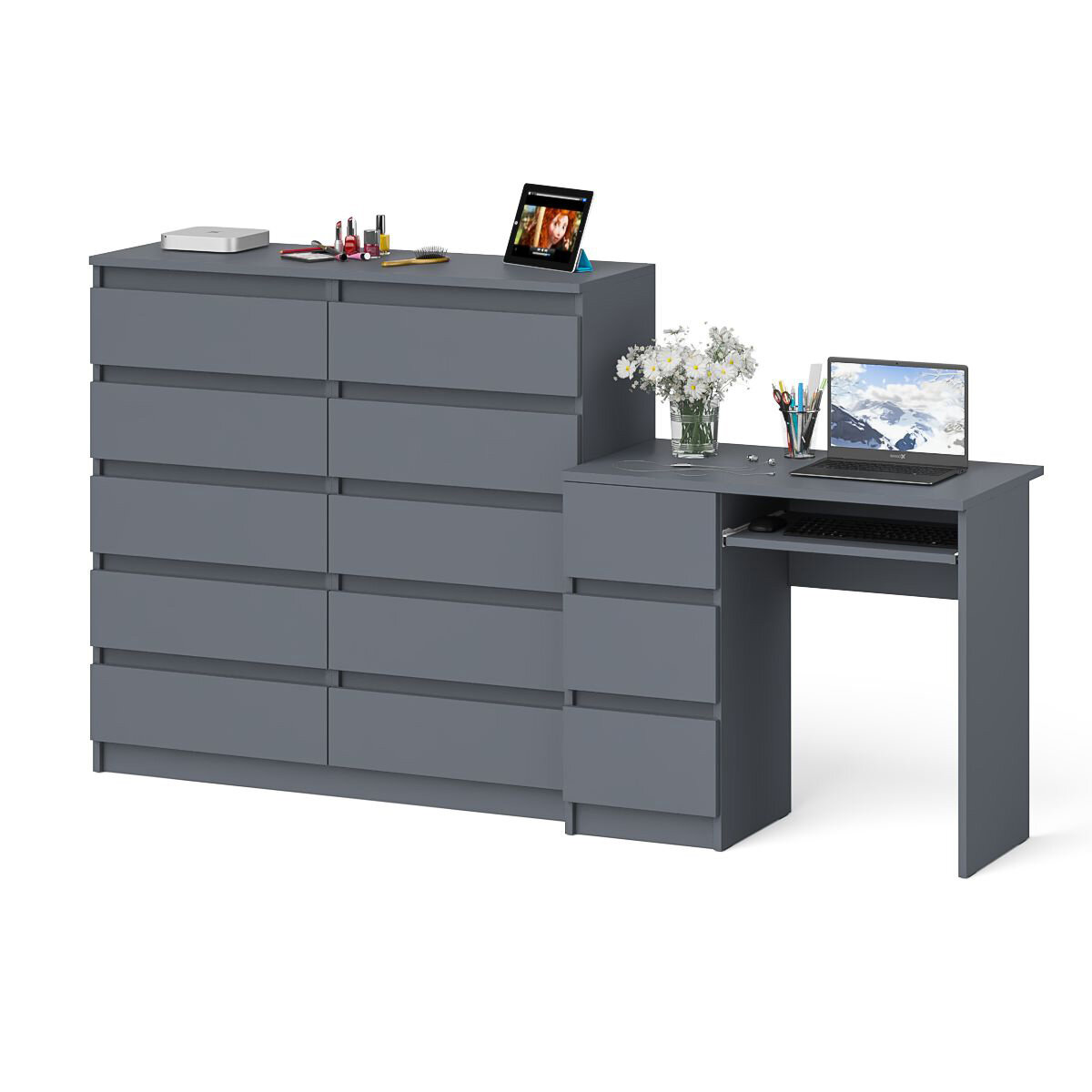 Компьютерный стол СВК Мори с тремя выдвижными ящиками левый с комодом 10-ть ящиков цвет графит, 210,4х50х115 см.