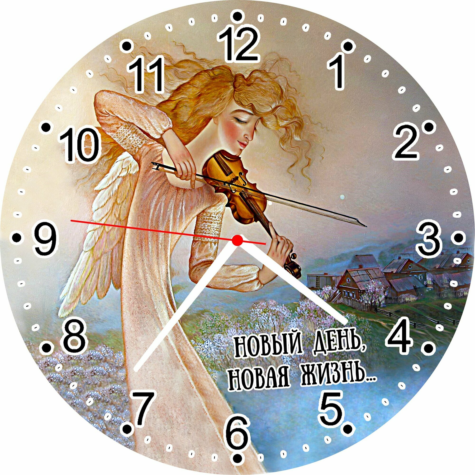 Ангел - Солнечное утро, играет на скрипке новой жизни/Новый День, новая Жизнь, Таков дар Творца/ Часы из древесины прессованной (МДФ) D - 27 см, толщина 4 мм, Настенные и Настольные, с подставкой в комплекте /Уникальные, Авторские, Эксклюзивные, бесшумные