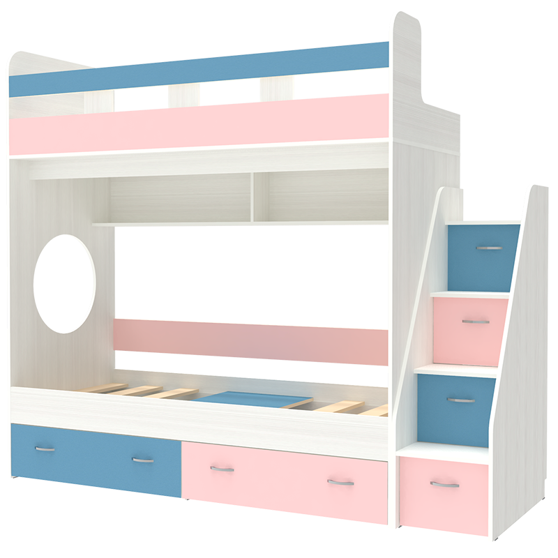 Двухъярусная кровать Юниор 1 80x160 Белое Дерево Голубой/Розовый