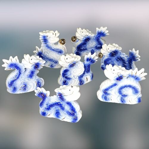 Статуэтка фарфоровая Драконы синие (набор 7 штук), 7,5 см, фигурка интерьерная из керамики