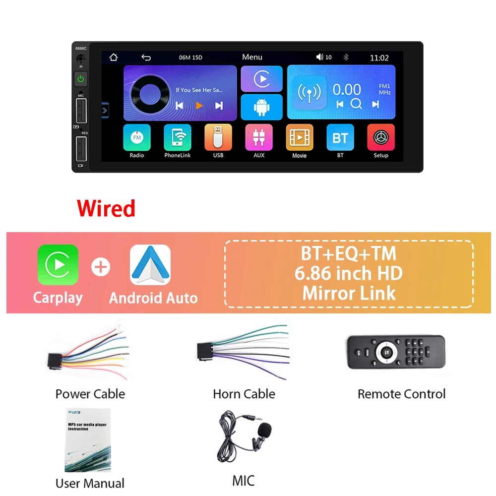 Автомагнитола Podofo, мультимедийный MP5-плеер на Android, экран 6,86 дюйма MP5