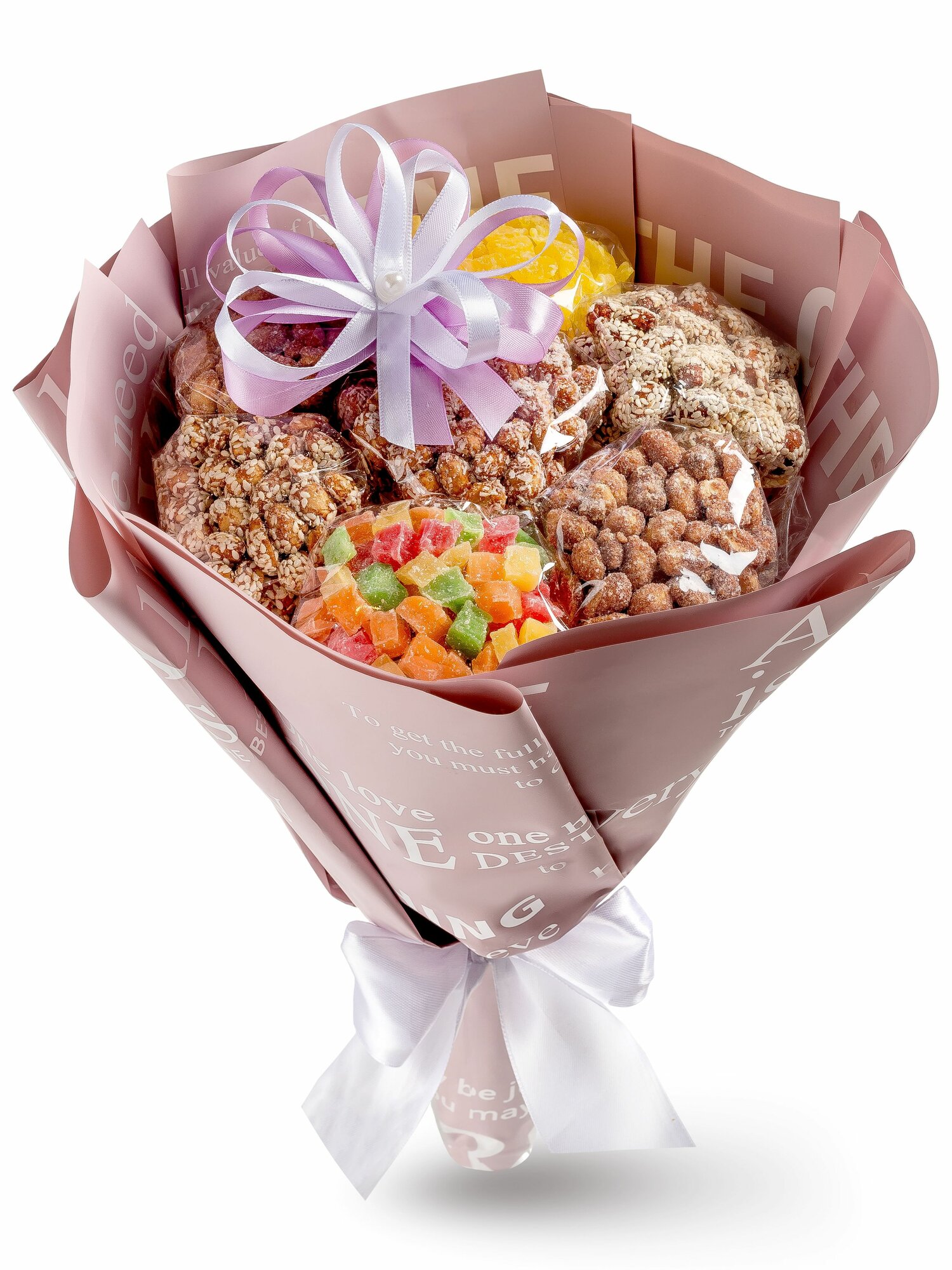 Букет из сладостей и цукатов "Хорошего настроения" 490гр (сиреневый крафт)