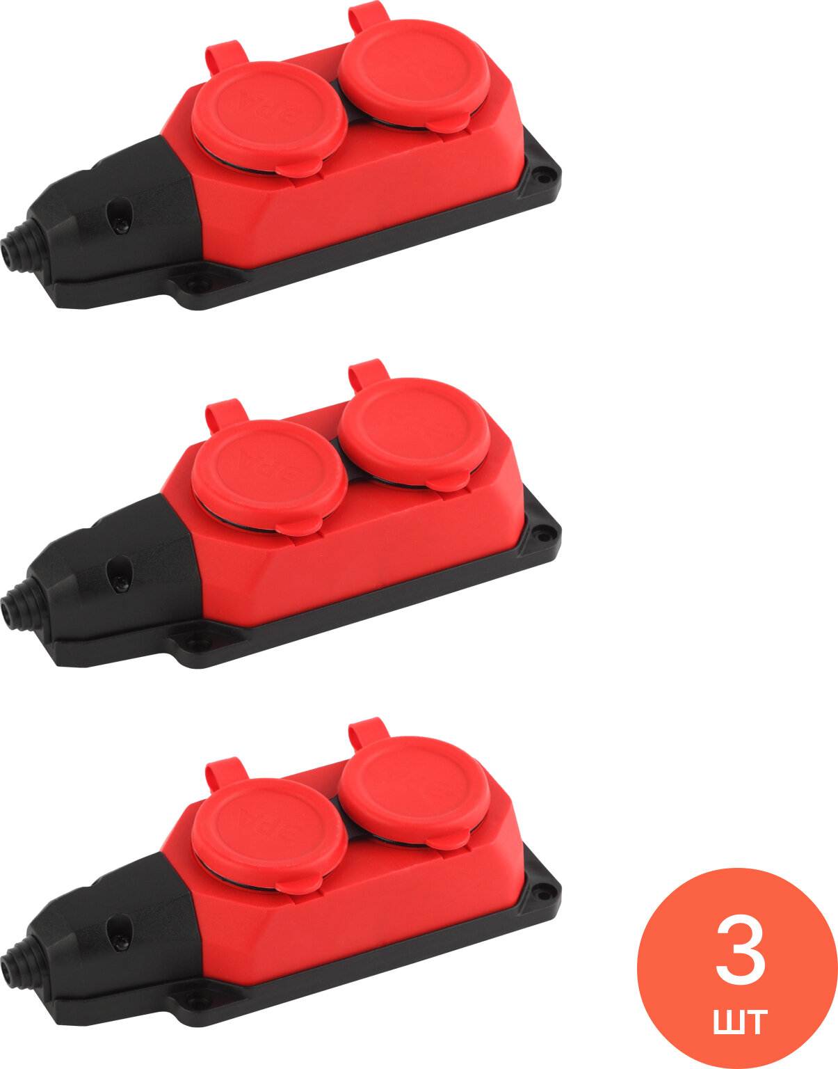 Блок розеток ЭРА K-2e-RED-IP44, 2 гнезда 16A с заземляющими контактами каучук, красный Б0044551 / колодка электрическая для удлинителя (комплект из 3 шт)