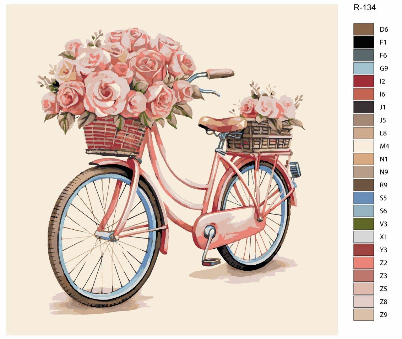 Картина по номерам R-134 "Розовый велосипед и корзины с нежными розами" 40x40 см