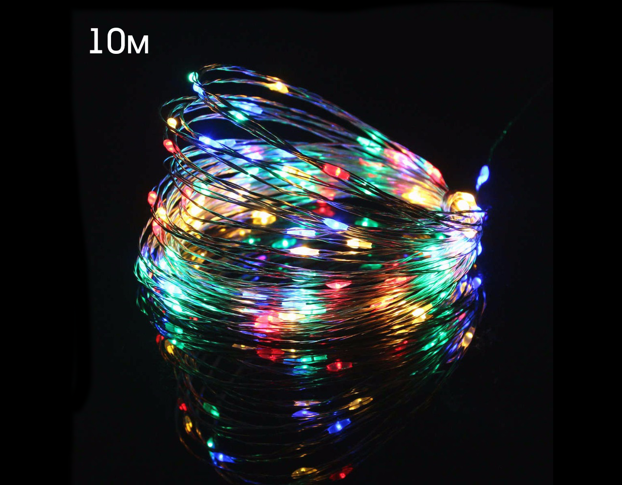Гирлянда светодиодная Огонек OG-LDG15 проволочная, LED RGB цветная, 10 метров, питание 3*АА
