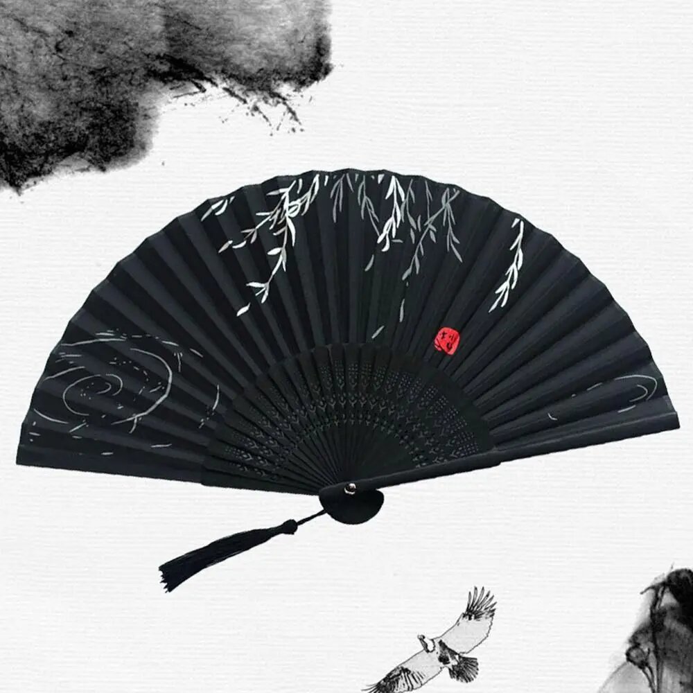 Китайский складной веер из шелка и бамбука Черный, 3