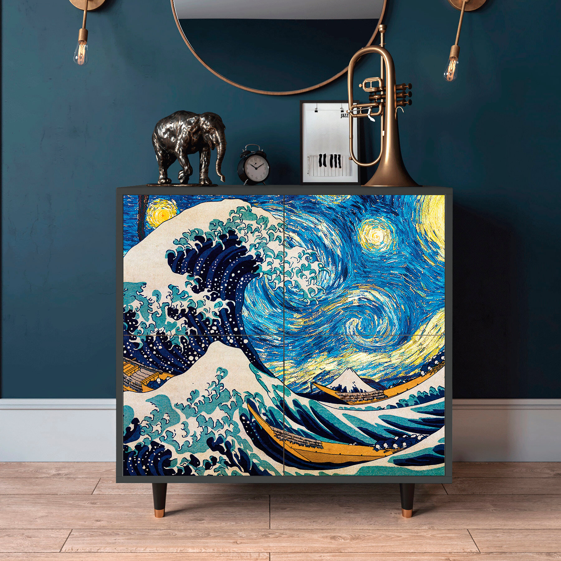 Комод - STORYZ - BS3 The Great Wave off Kanagawa by Hokusai, Размер - 94 x 96 x 48 см, Цвет корпуса - Антрацит