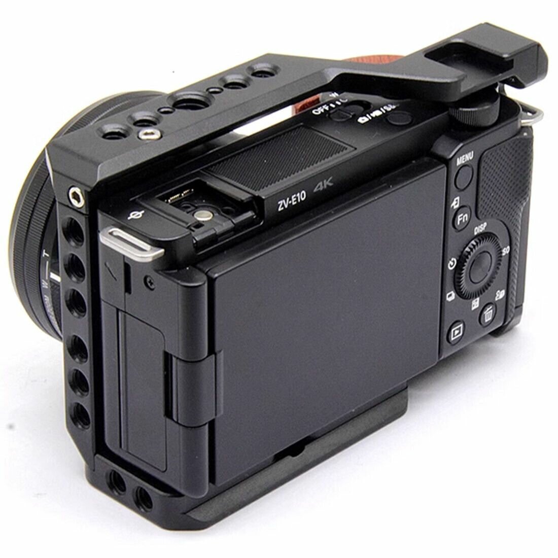 Topcine Клетка для камеры ZVE10 с деревянной ручкой, совместимая с камерой Sony Alpha ZV-E10, алюминиевый корпус, отверстия 3/8 "-16 для креплений ARRI для холодной обуви