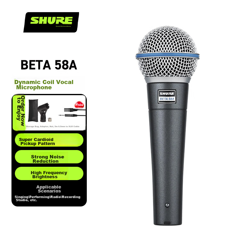 SHURE BETA 58A Professional Dynamic Wired Microphone for Home Karaoke, Live Streaming, Stage Performance, And Recording, 6.5mm XLR Cable (5 Meters) Package