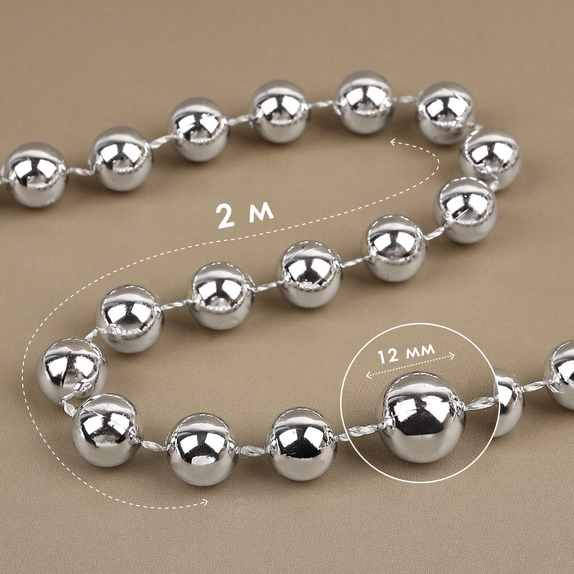 Бусы Арт Узор, на нитях, пришивные, пластик, 12мм, 2м, серебристые