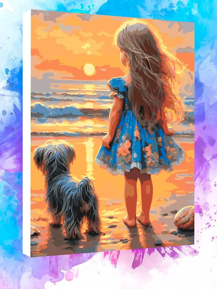 Картина по номерам Девочка с собакой Пляж Закат