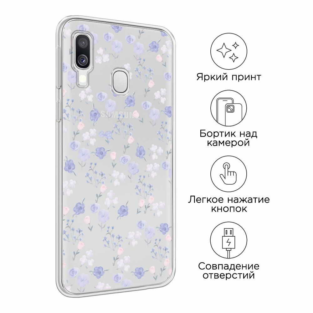 Чехол на Samsung Galaxy A40 / Самсунг Галакси А40 с принтом "Сиреневые розы паттерн", прозрачный — фото 1
