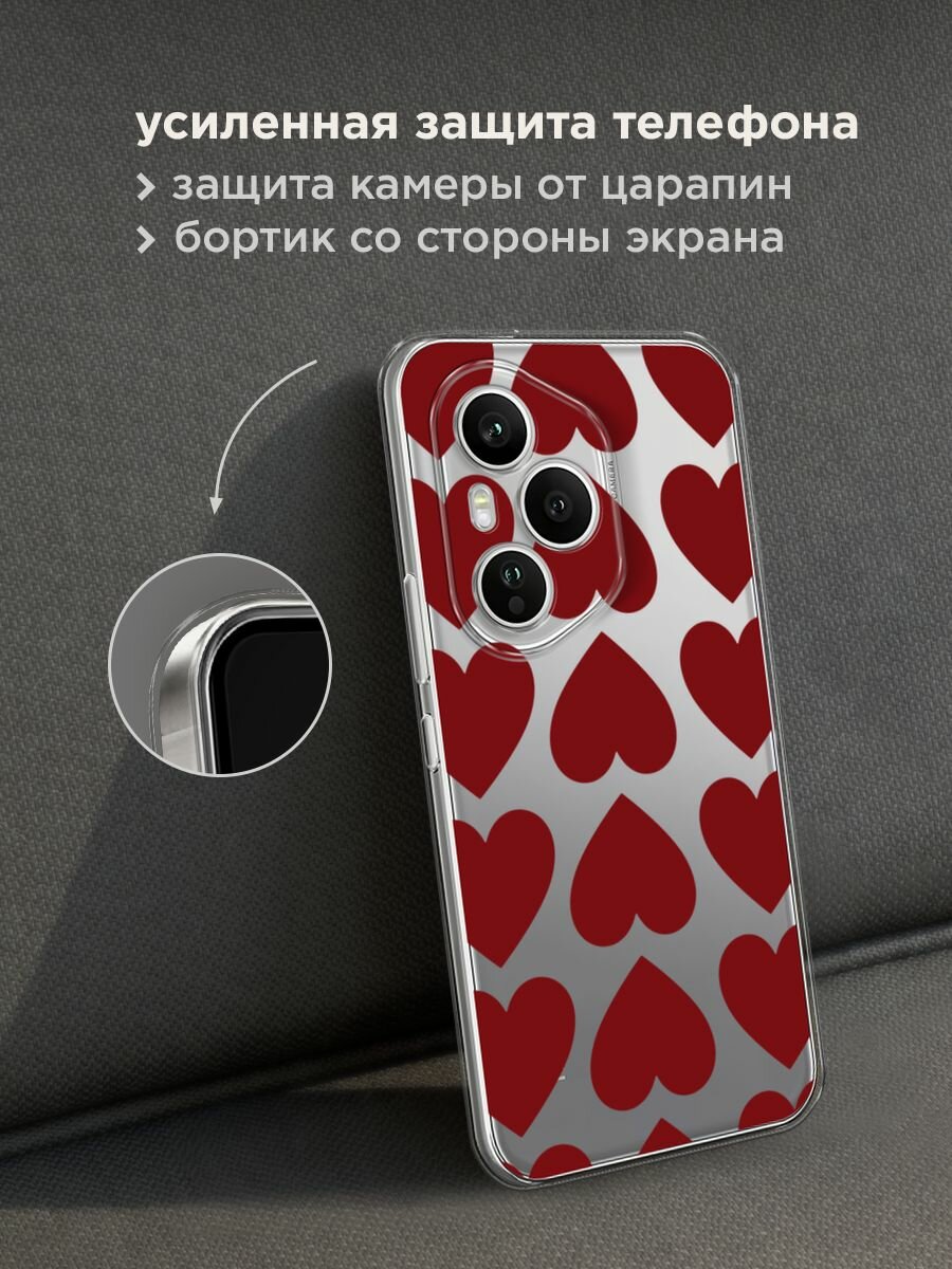 Чехол на Honor 400 Pro / Хонор 400 Про с принтом "Ряды сердечек паттерн - 14 февраля", прозрачный — фото 1