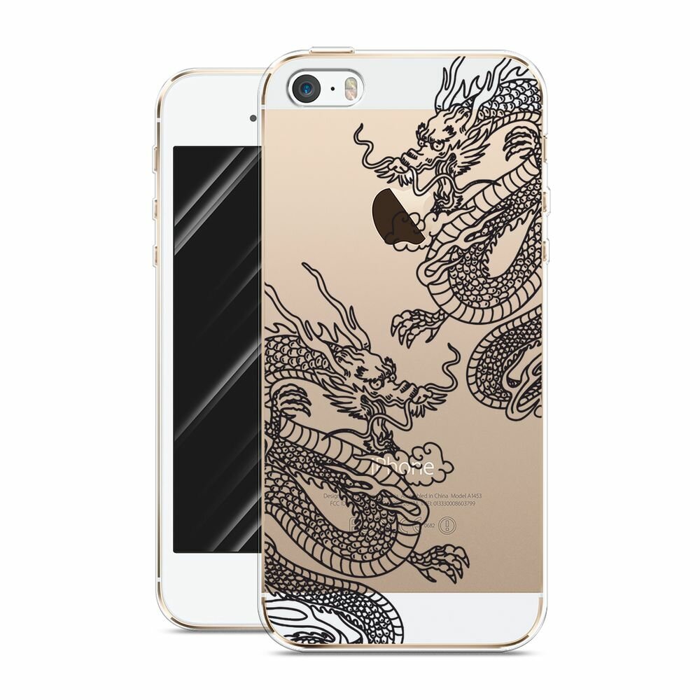 Чехол на Apple iPhone 5/5S/SE / Айфон 5/5S/SE с принтом "Два китайских дракона", прозрачный — фото 1