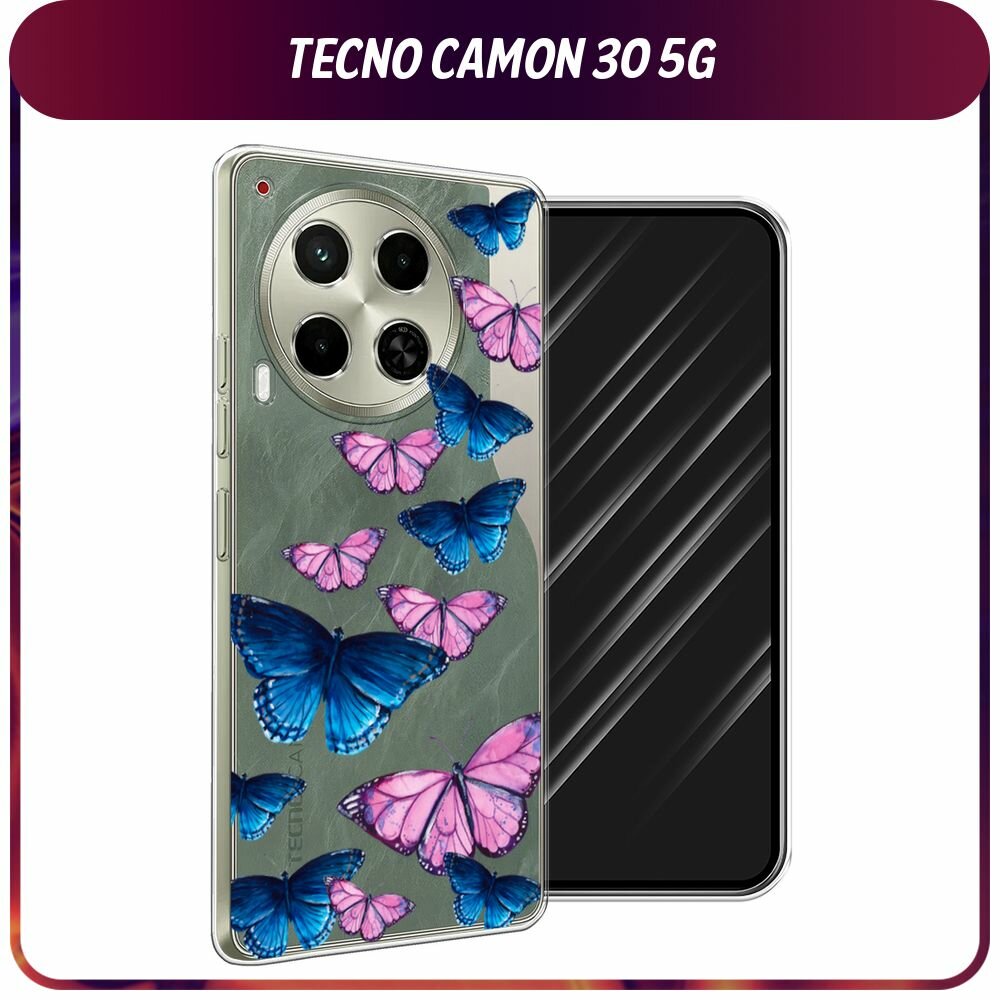 Чехол на Tecno Camon 30 5G / Текно Камон 30 5G с принтом "Взлетающие бабочки", прозрачный