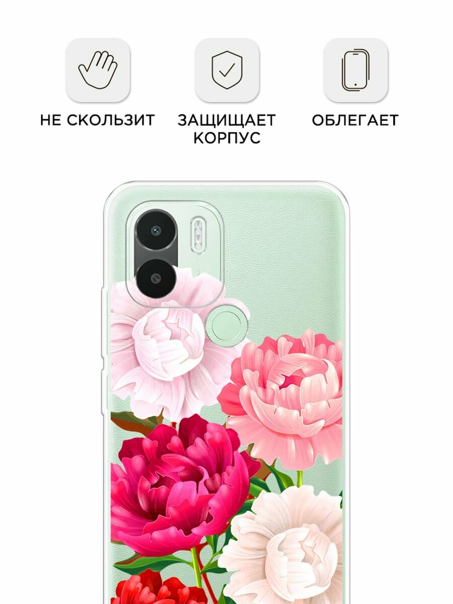 Чехол на Xiaomi Redmi A1+/Redmi A2+/Poco C51/C50 / Редми A1+ с принтом "Большие пионы", прозрачный — фото 1