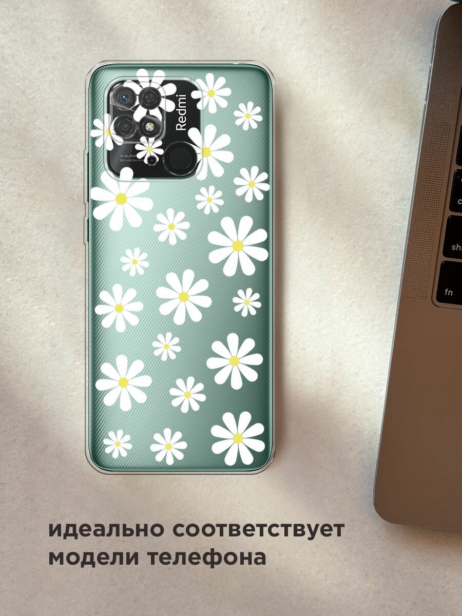 Чехол на Xiaomi Redmi 10C / Сяоми Редми 10C с принтом "Большие ромашки", прозрачный — фото 1