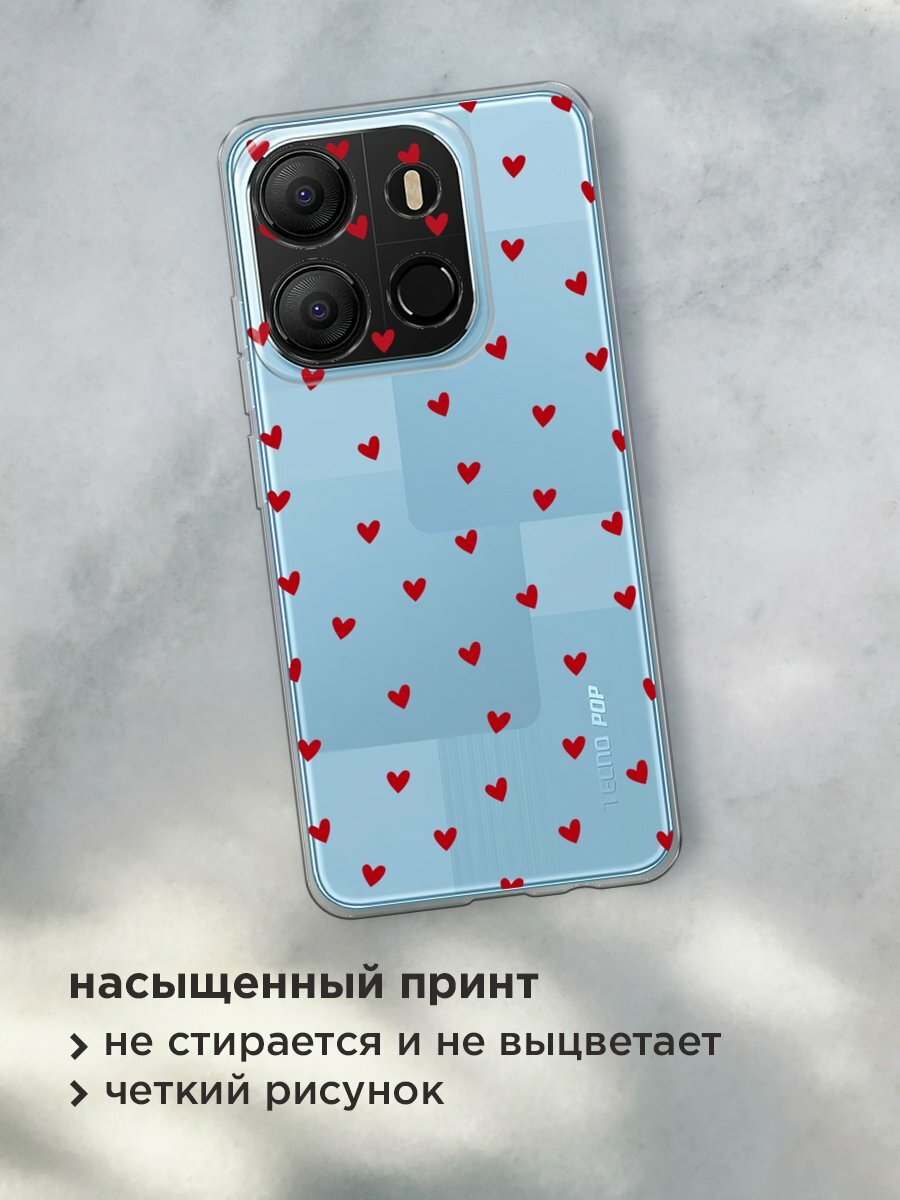 Чехол на Tecno Pop 7 / Текно Поп 7 с принтом "Red hearts", прозрачный — фото 1