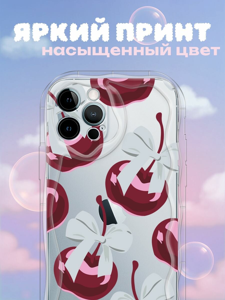 Чехол на Apple iPhone 12/12 Pro / Айфон 12/12 Pro с принтом "Вишни с бантами" — фото 1