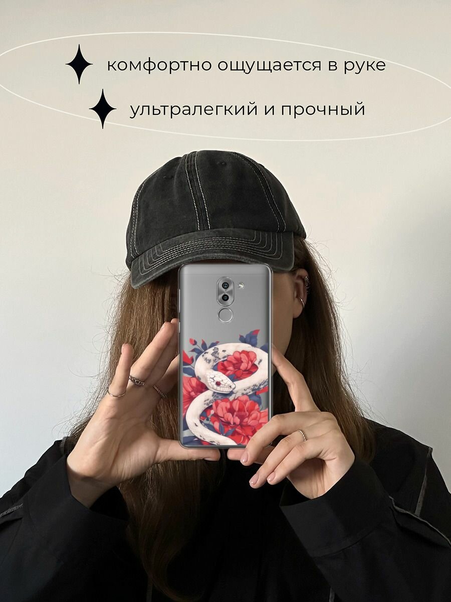 Чехол на Honor 6X / Хонор 6Х с принтом "Белая змея в цветах", прозрачный — фото 1