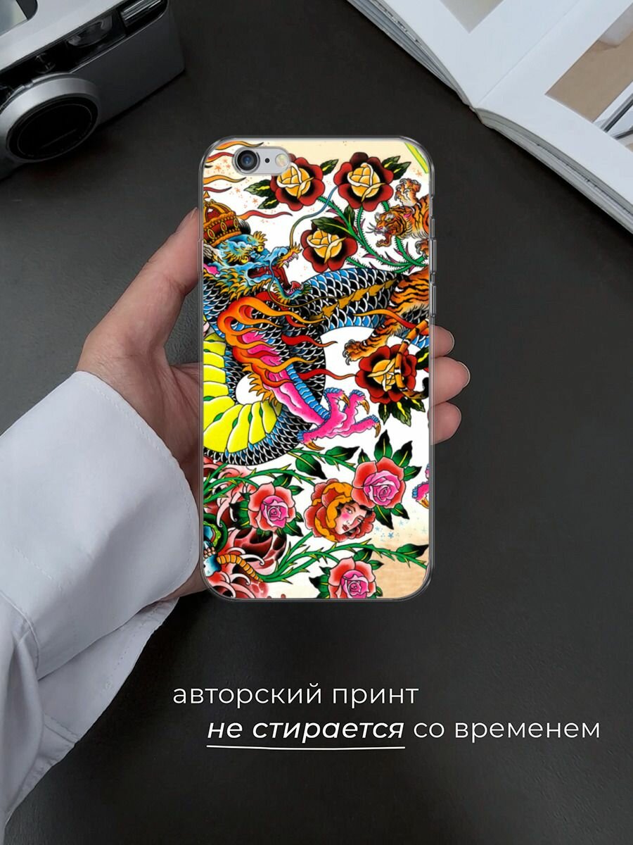 Чехол на Apple iPhone 6 / Айфон 6 с принтом "Дракон в цветах" — фото 1
