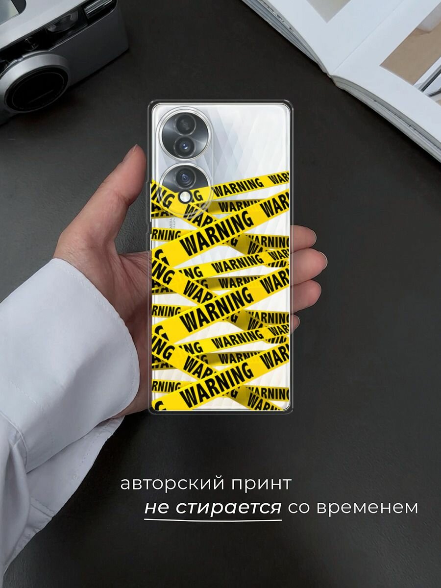 Чехол на Honor 70 / Хонор 70 с принтом "Warning!", прозрачный — фото 1