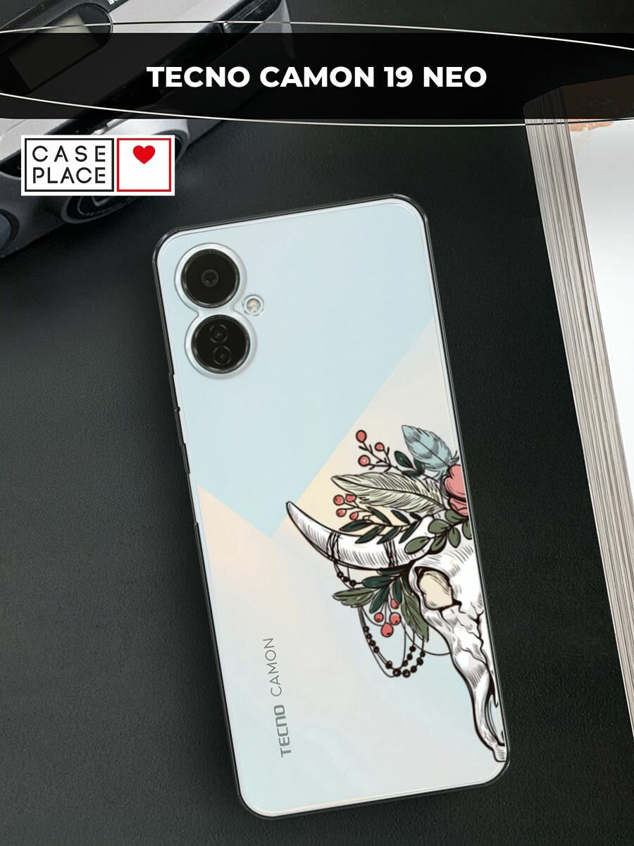 Чехол на Tecno Camon 19 Neo / Техно Камон 19 Нео с принтом "Череп быка с цветами", прозрачный