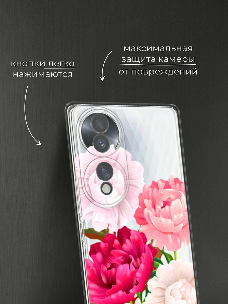 Чехол на Honor 70 / Хонор 70 с принтом "Большие пионы", прозрачный — фото 1