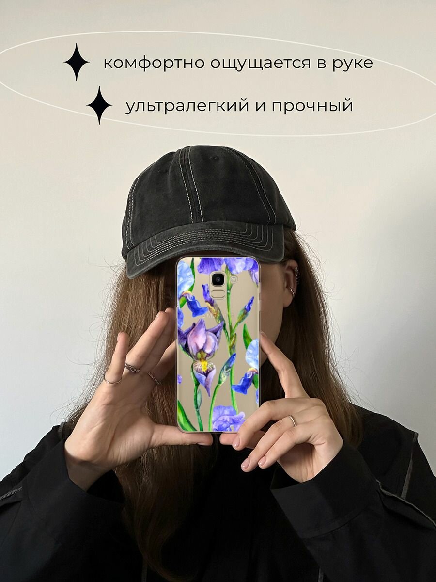 Чехол на Samsung Galaxy J6 2018 / Самсунг Галакси Джей 6 2018 с принтом "Синие ирисы", прозрачный — фото 1
