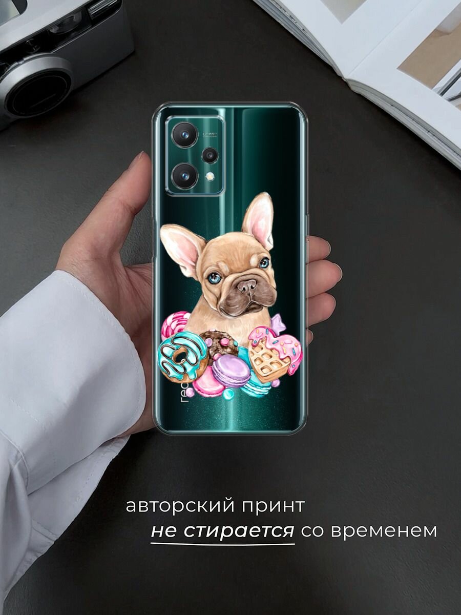 Чехол на Realme 9 Pro/9 5G / Реалми 9 Про/ 5G с принтом "Бульдог и сладости", прозрачный — фото 1