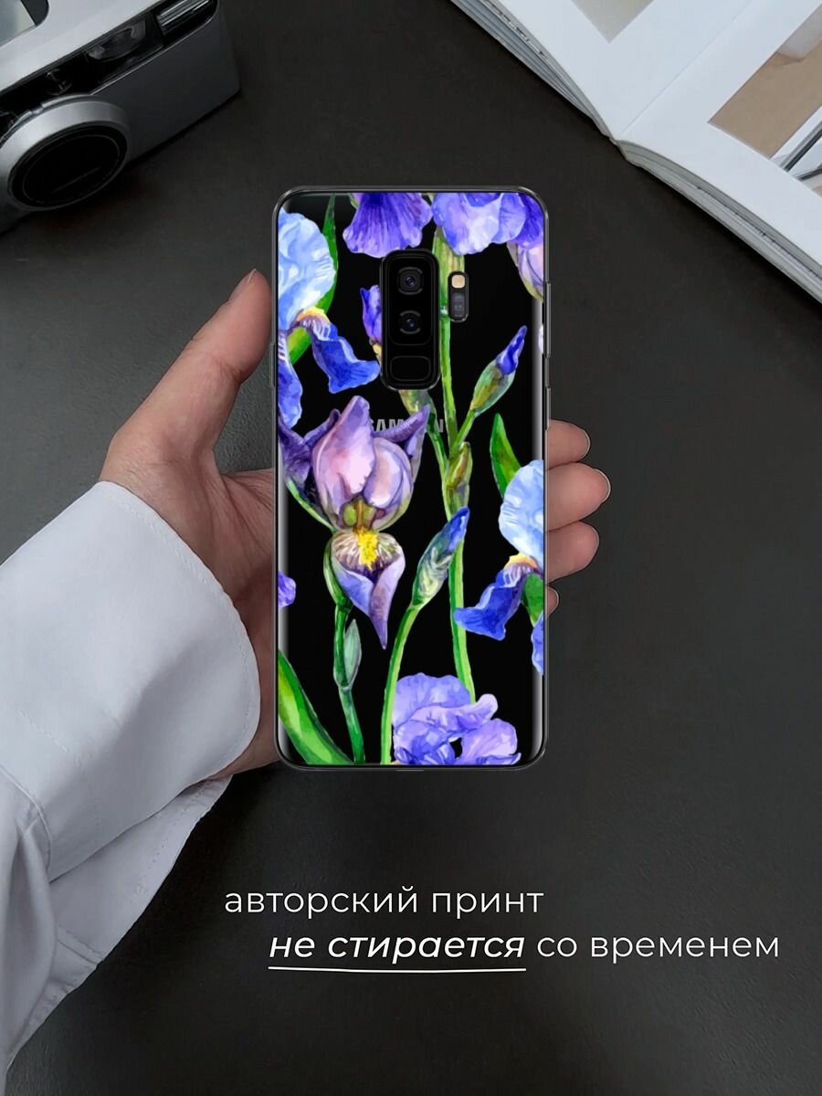 Чехол на Samsung Galaxy S9 + / Самсунг Галакси С9 Плюс с принтом "Синие ирисы", прозрачный — фото 1