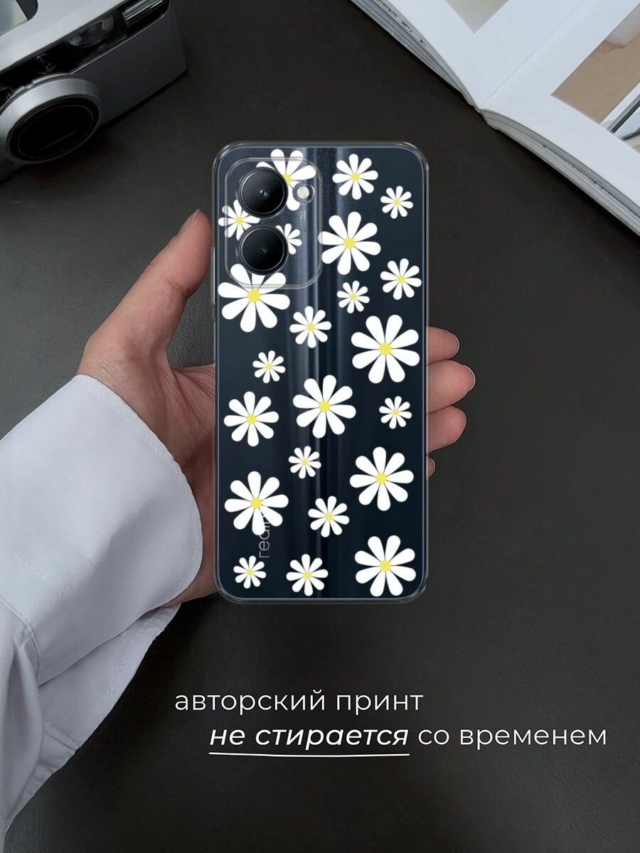 Чехол на Realme C33 / Реалми С33 с принтом "Большие ромашки", прозрачный — фото 1