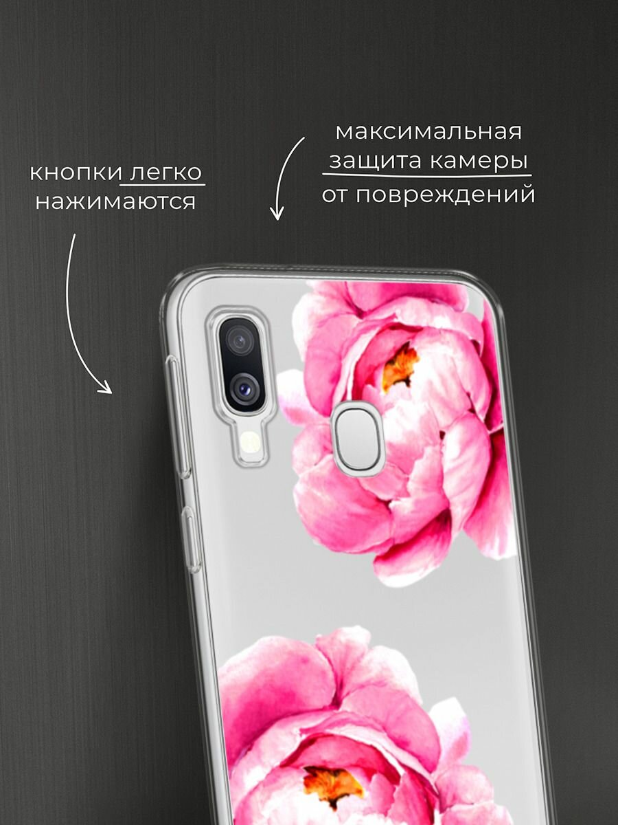 Чехол на Samsung Galaxy A40 / Самсунг Галакси А40 с принтом "Open peonies", прозрачный — фото 1