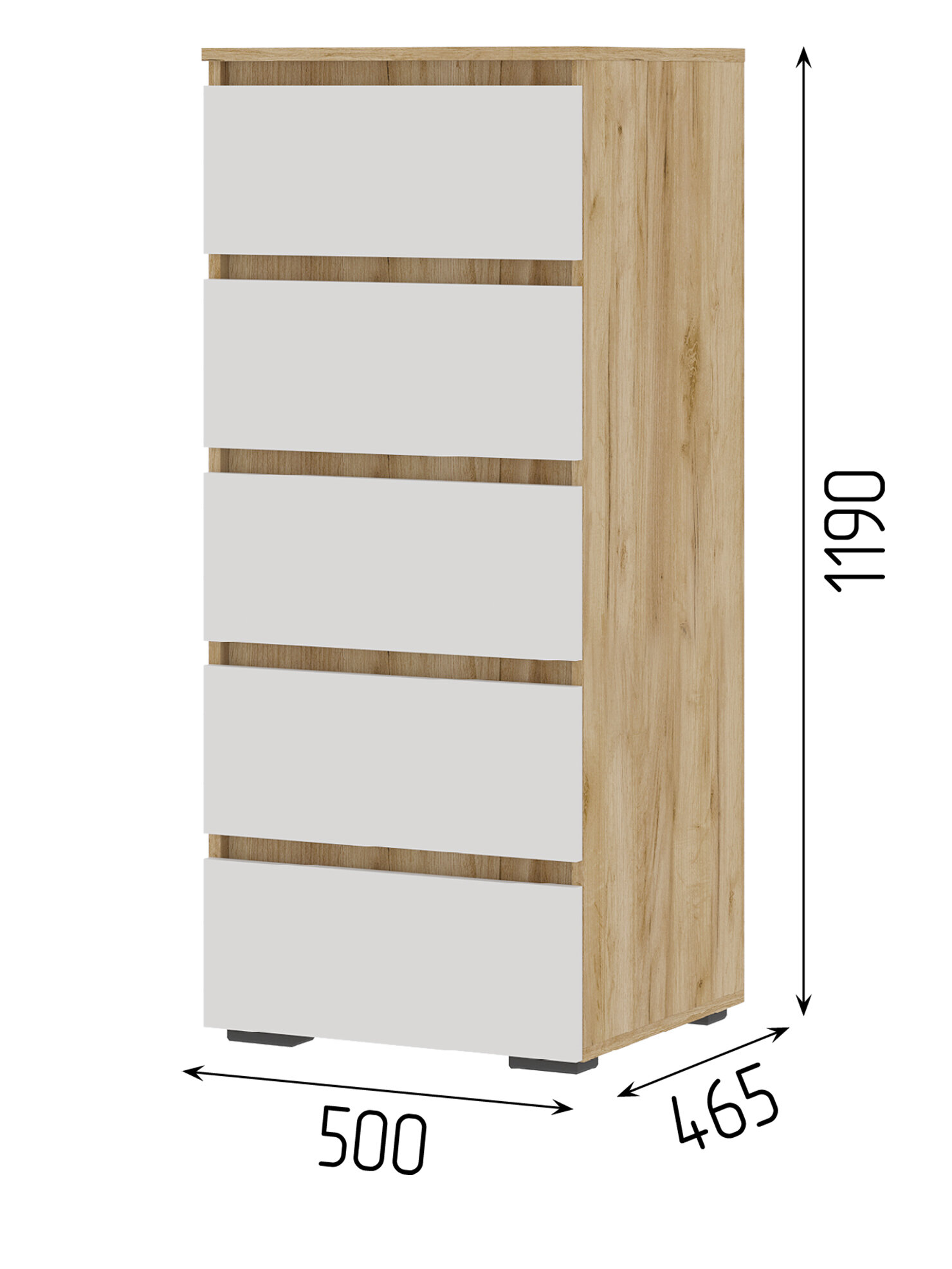 Комод Хелен КМ-03 - 5 ящиков (0,502х1,188х0,460) цвет Дуб крафт золото - Белый Стендмебель