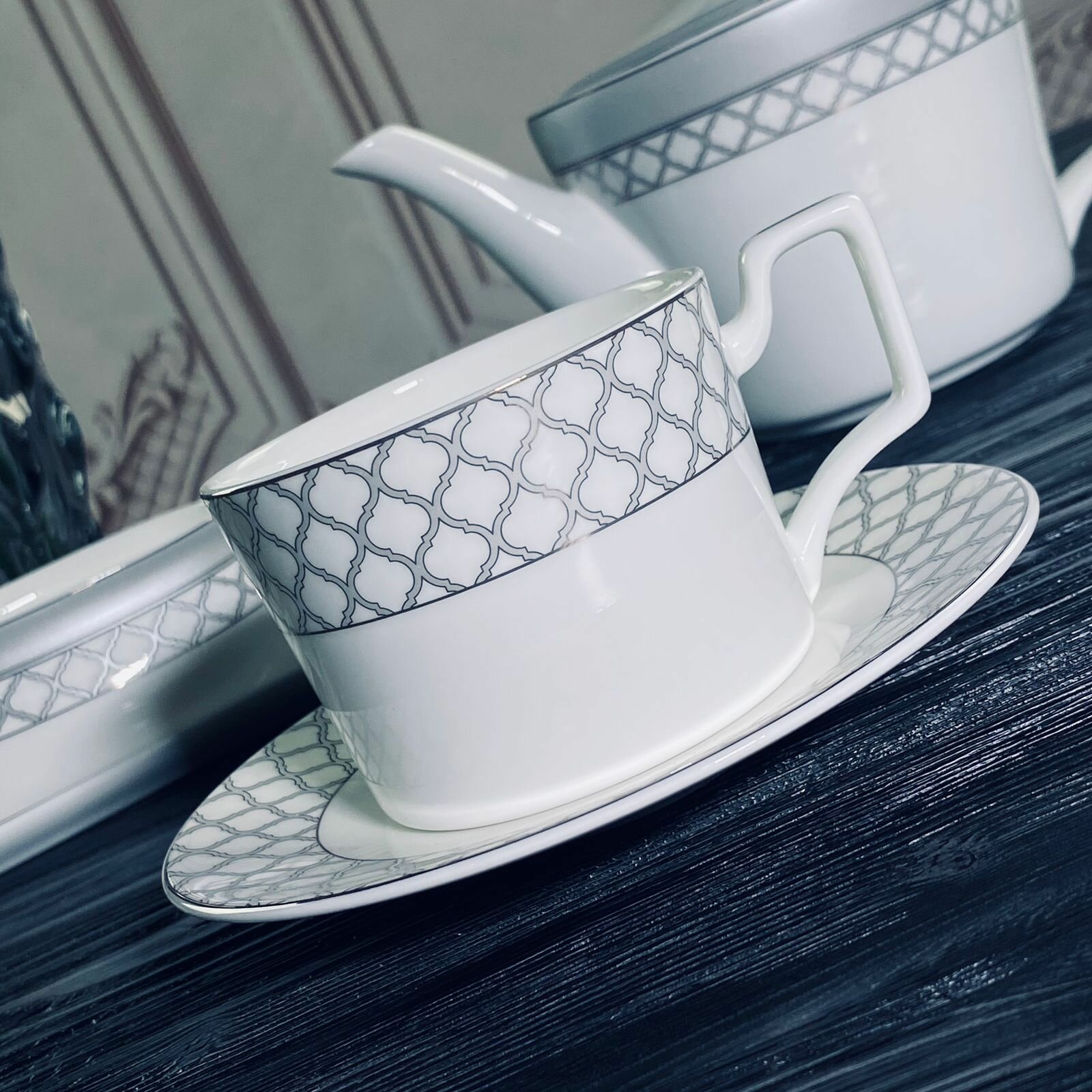 Кофейный набор на 6 персон 12 предметов 6 чашек и блюдец 120 мл версаль серебро в подарочной упаковке Костяной фарфор Lenardi