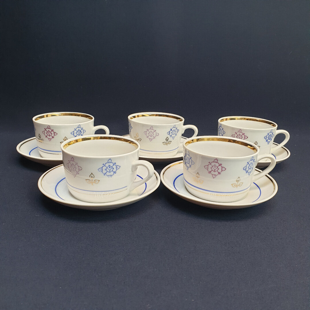 Набор из 5 чайных пар, Полонное, фарфор, деколь, позолота, 200 мл, винтаж СССР