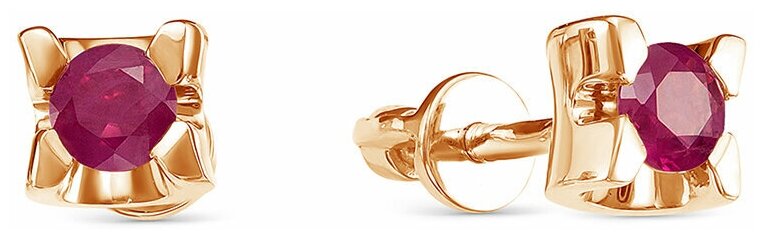 Серьги пусеты, красное золото, 585 проба, родирование, рубин
