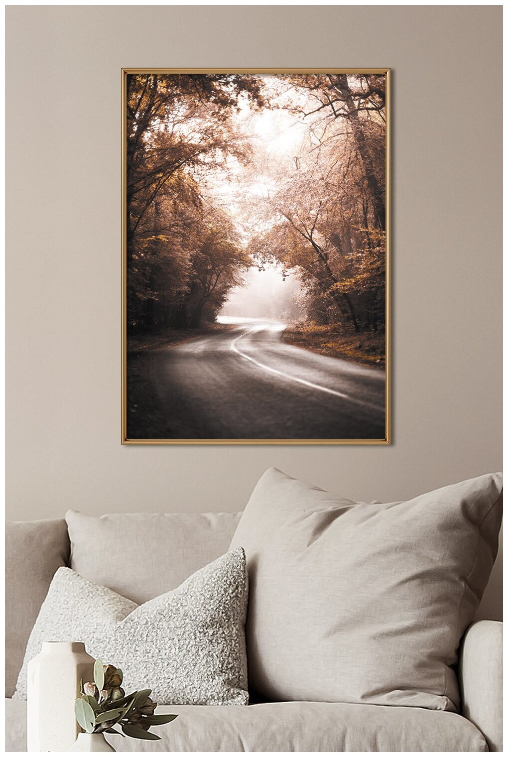 Постер на стену для интерьера Postermarkt Дорога в осеннем лесу, в золотой рамке 50х70 см