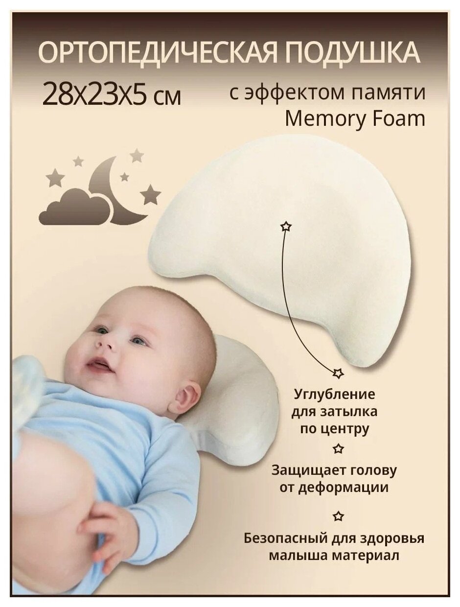 Подушка ортопедическая детская для новорожденного Tessolo Home, "Мишка" с наволочкой, молочный