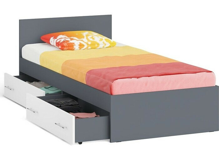 Кровать с ящиками СВК Мори 90х200см цвет графит/ ящики белые, два ящика, с основанием, без матраса