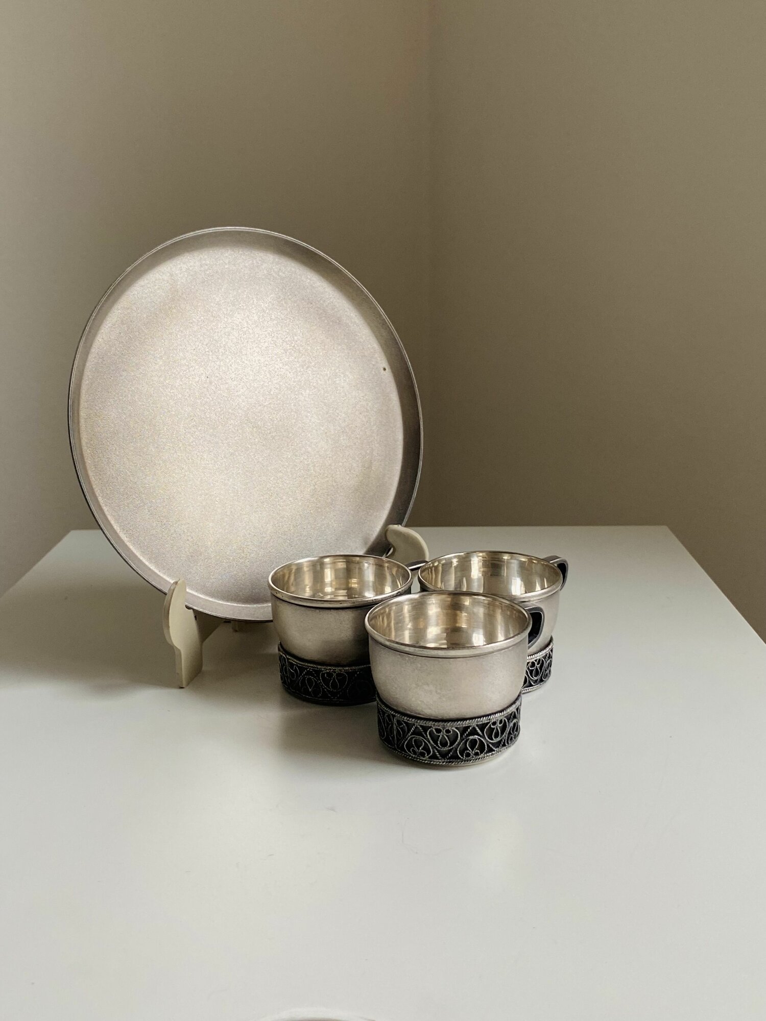 Кофейный набор на 3 персоны! СССР! Мельхиор с серебрением. Скань. Состояние! Мстерская художественная фабрика "Ювелир", СССР!