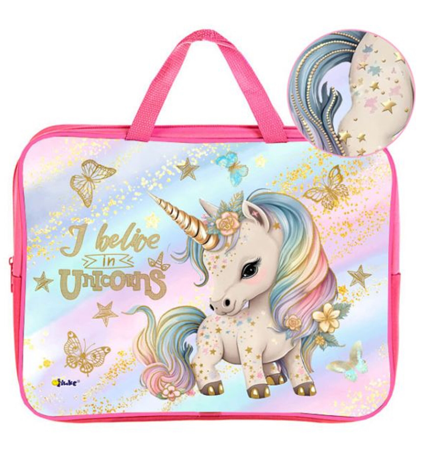 Оникс Папка с ручками А4, 350 х 265 х 80 мм, текстильная, ручки-тесьма, ПМД 4-22 "Блеск единорожки"(объемный 3D-рисунок с эффектом металлика)