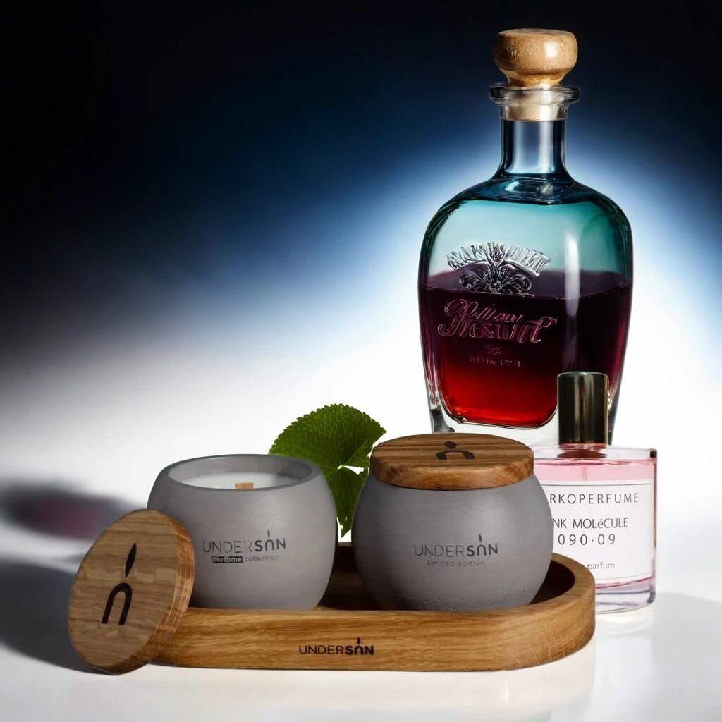 Набор из двух ароматических свечей с подставкой из дуба - ZP Пинк Молекула 090.09 и Абсент из черной смородины / свечи для дома / ароматерапия