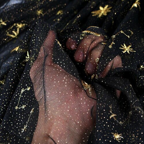 Блестящая сетчатая тюлевая ткань с вышивкой «Небесная луна и звезда» 100% полиэстер черный