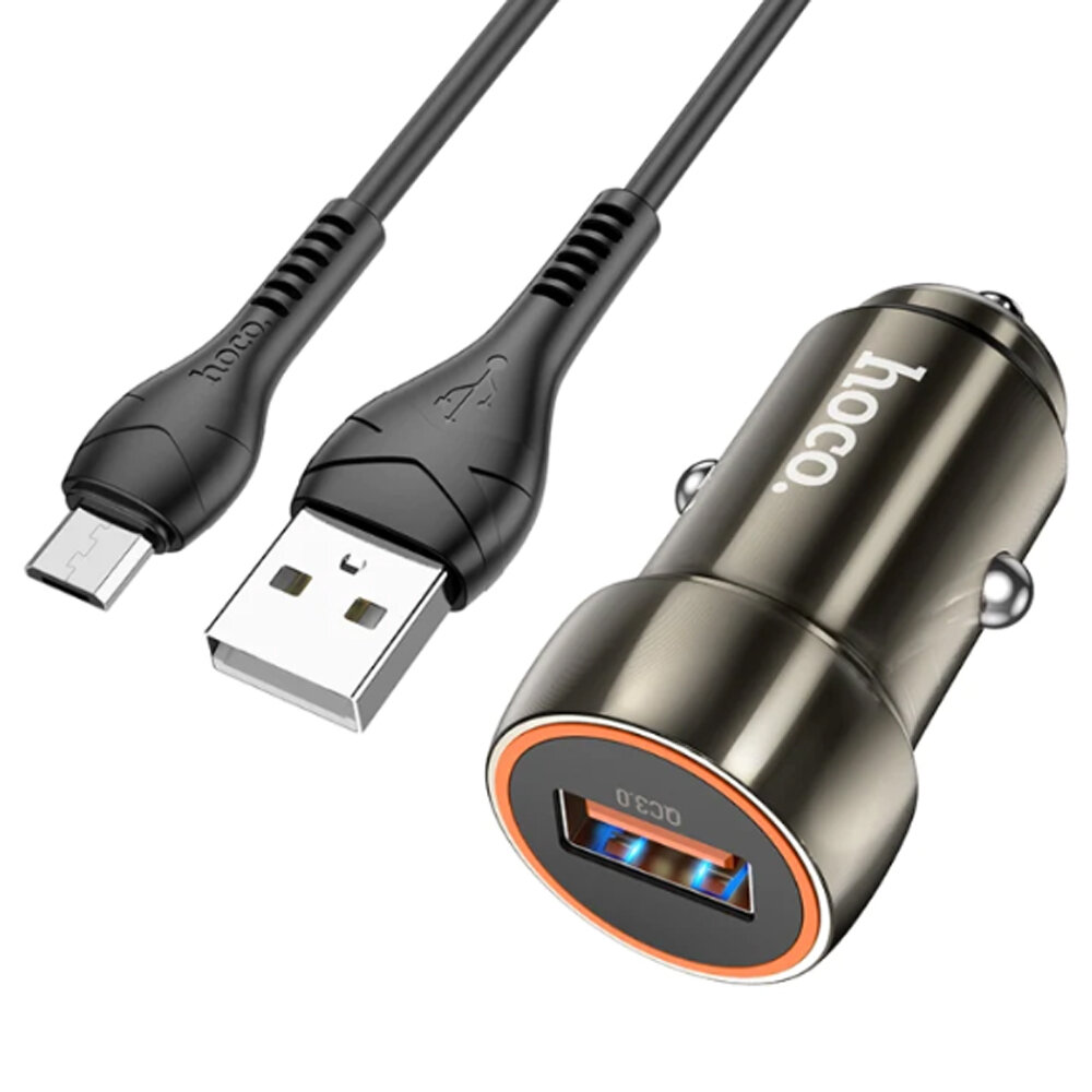 Блок питания автомобильный USB HOCO Z46, Blue shield, QC, AFC, FCP, кабель USB - микро USB, 1.0м, цвет: серый