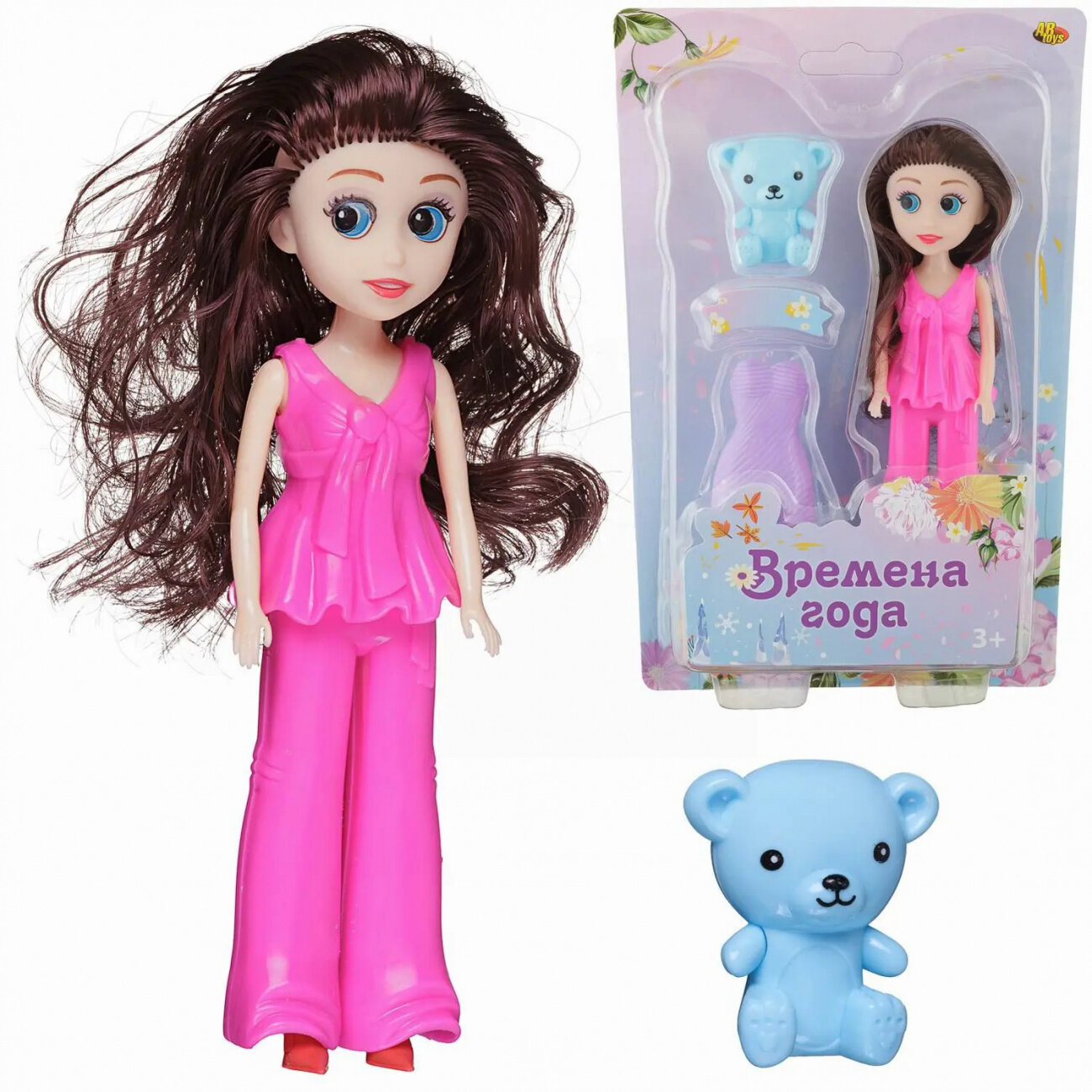 Кукла ABtoys Времена года 17 см в брючном костюме с медвежонком и доп. платьем набор 6 PT-01842/набор6